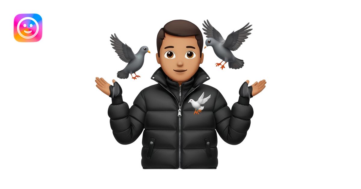 puffer shiny black jacket man open arms looking at a flying pigeon ...