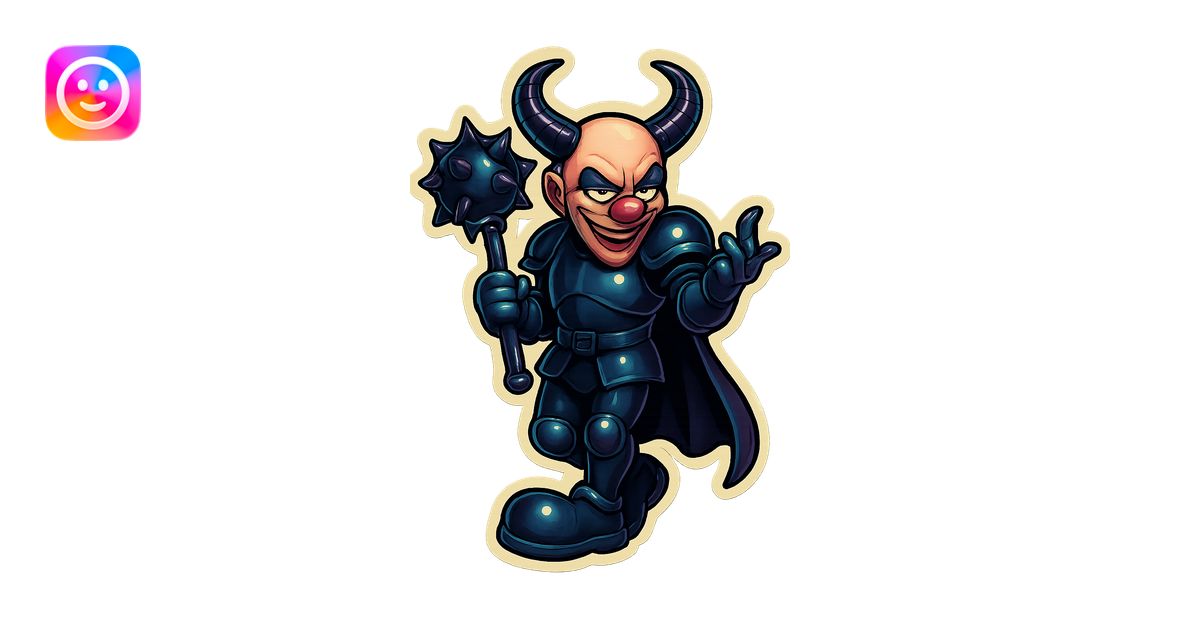 A sinister armored clown with no hair, ram horns pointing up, masculine ...
