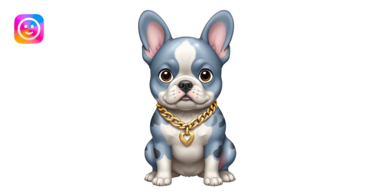 Blue Merle Frenchie wearing gold chain emoji | AI Emoji Generator