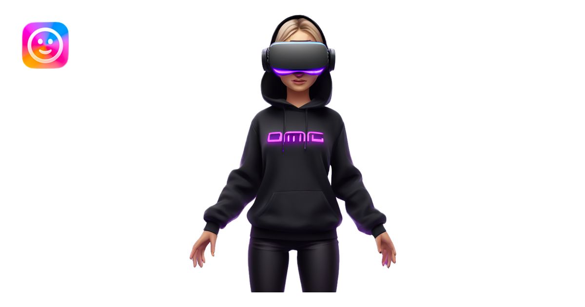 Russian girl wearing black hoody with violet letters "OMG", in vr ...