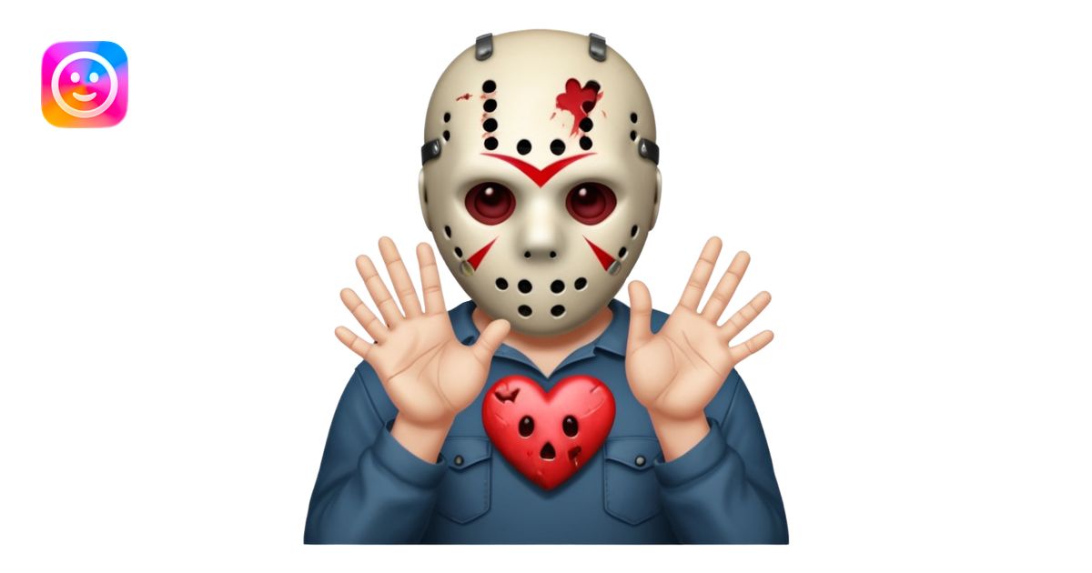 Jason Voorhees, looking cute, heart hands emoji | AI Emoji Generator