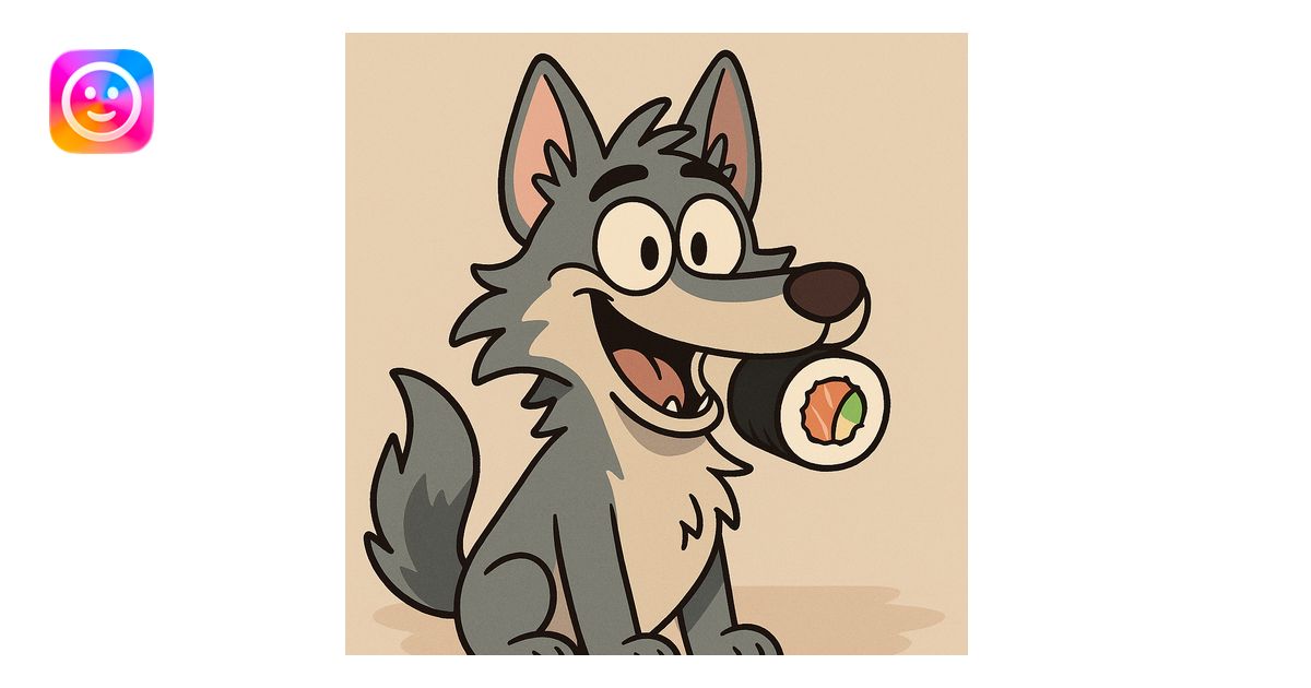 cartoon wolf with a sushi roll in its mouth, playful style illustration ...