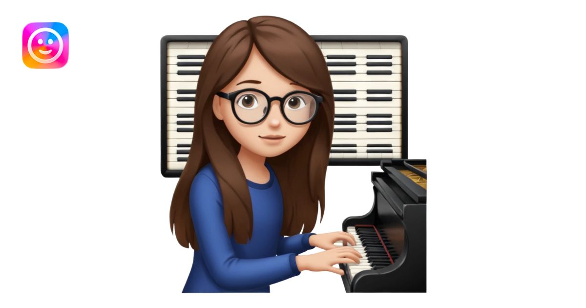 girl long brown hair. round glasses eye. playing piano emoji | AI Emoji ...