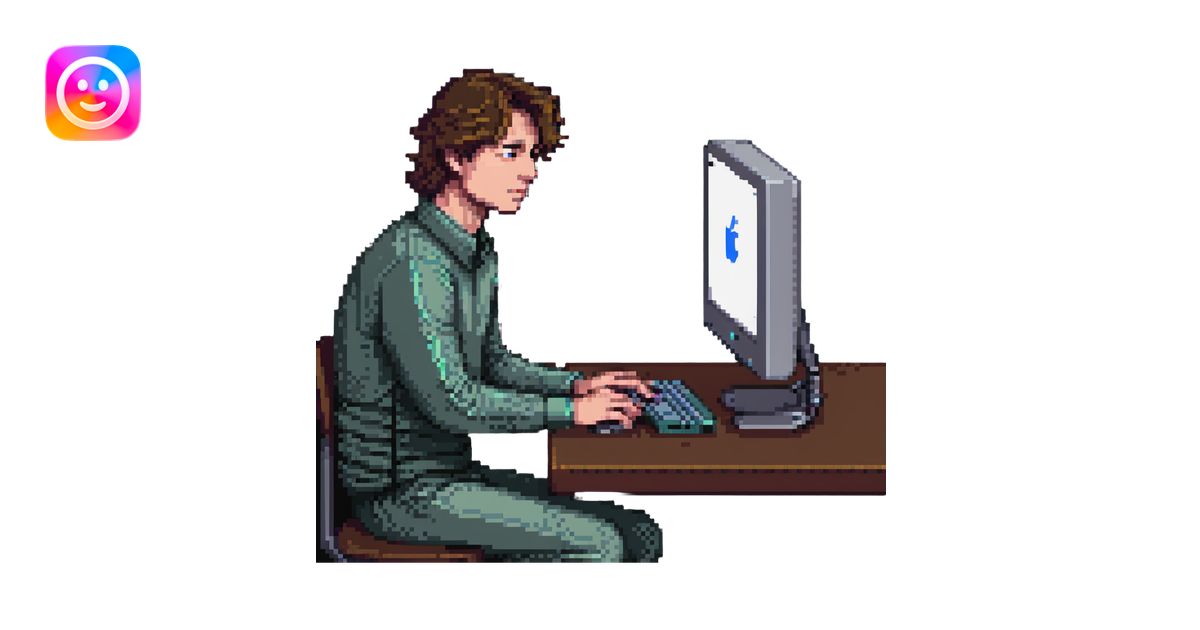 a man sitting at the table with an imac on it, a man sits in a very ...