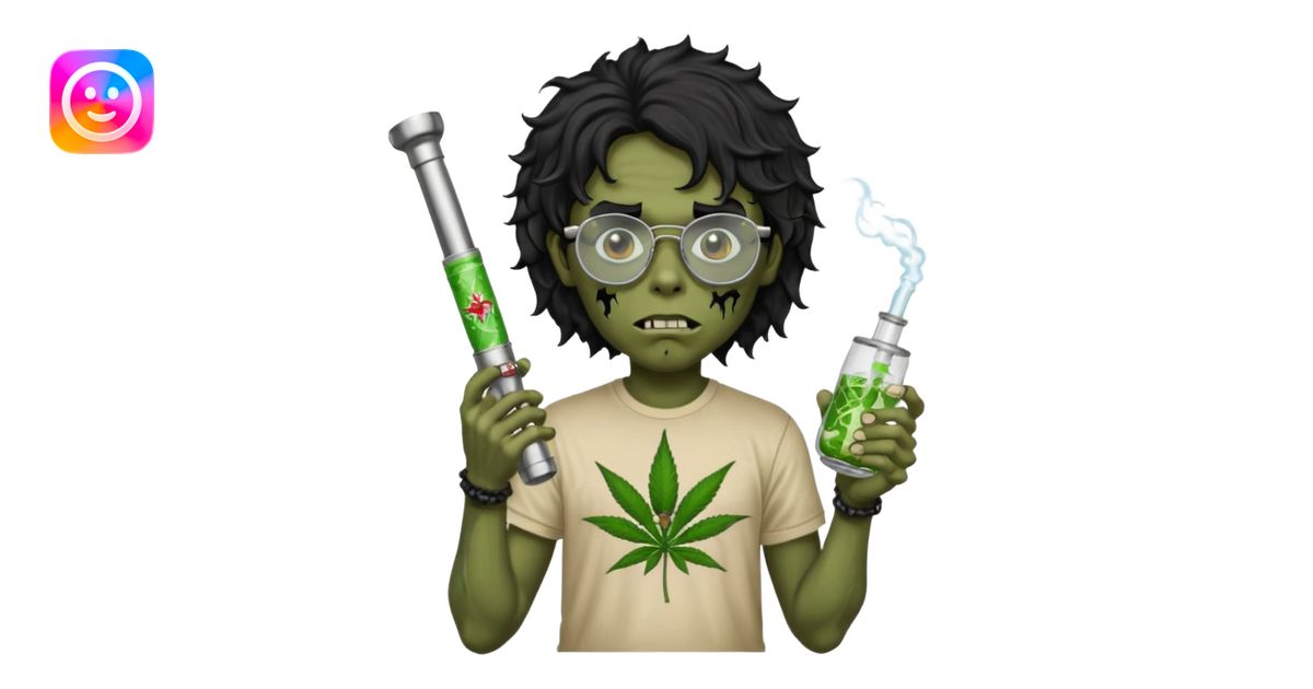 black wavy haired zombie getting stoned with weed t shirt and bong on ...