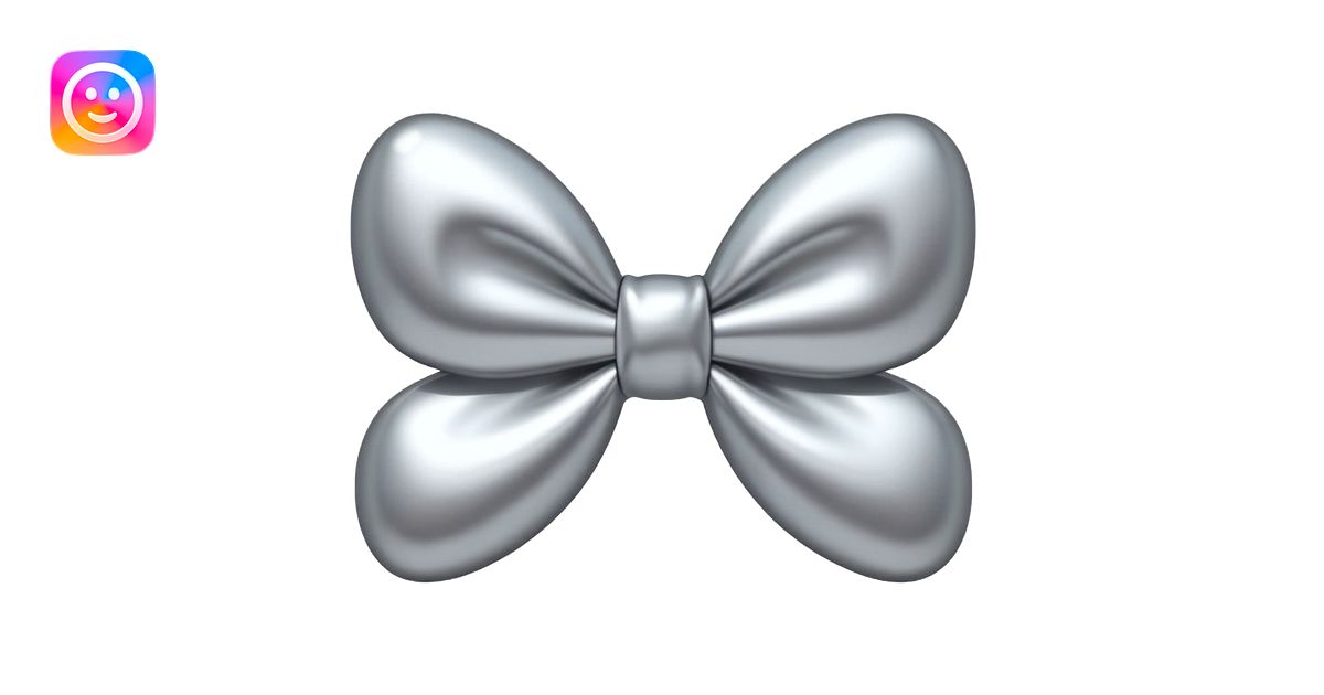 A cute bow emoji made of polished silver chrome, smooth rounded loops ...