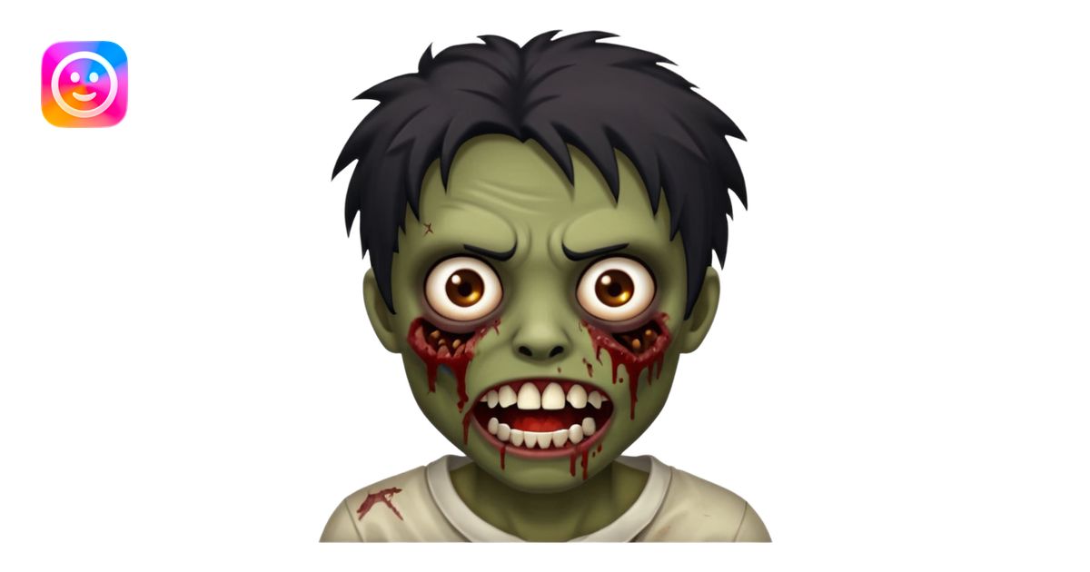 zombie with brown skin, messy black hair, wide centered brown eyes ...
