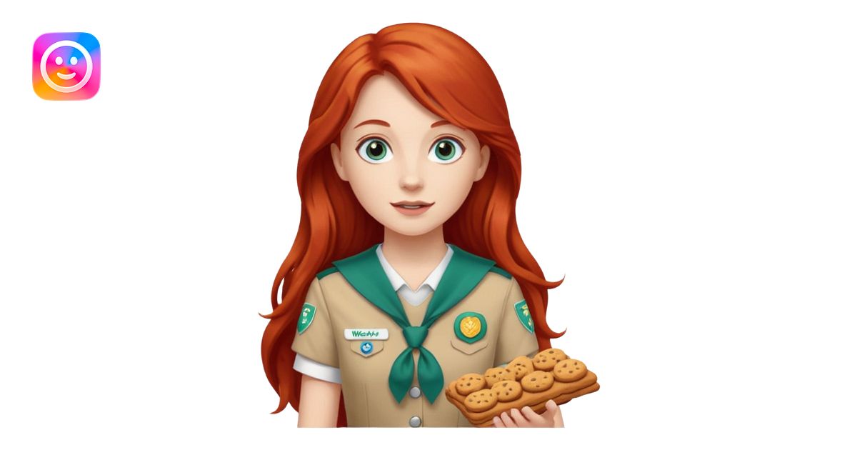 white girl scout with red long hair selling cookie at Wendy’s big emoji ...
