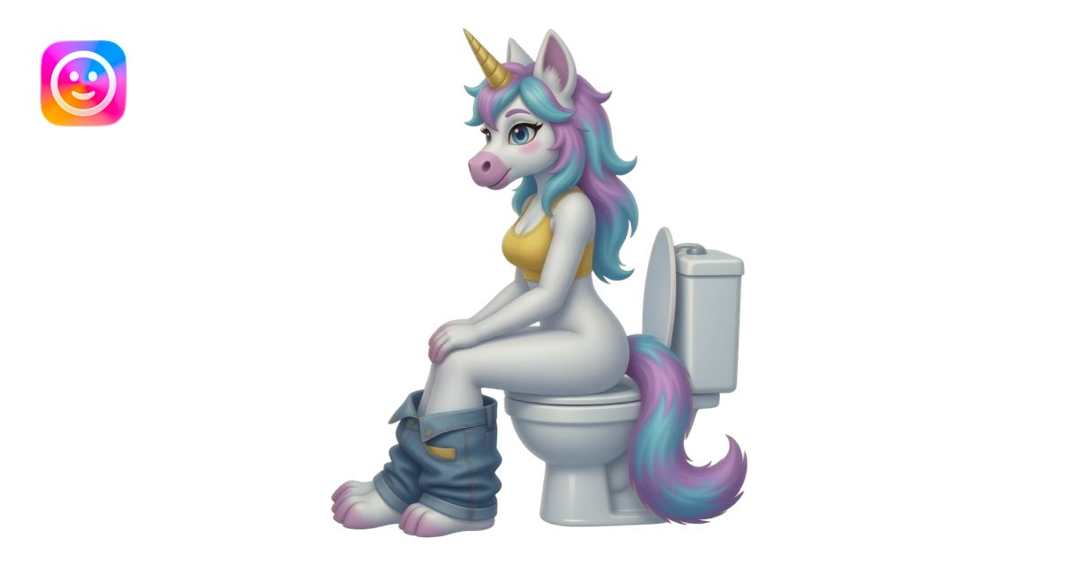 Female unicorn furry person woman sitting on toilet pants off,side view ...