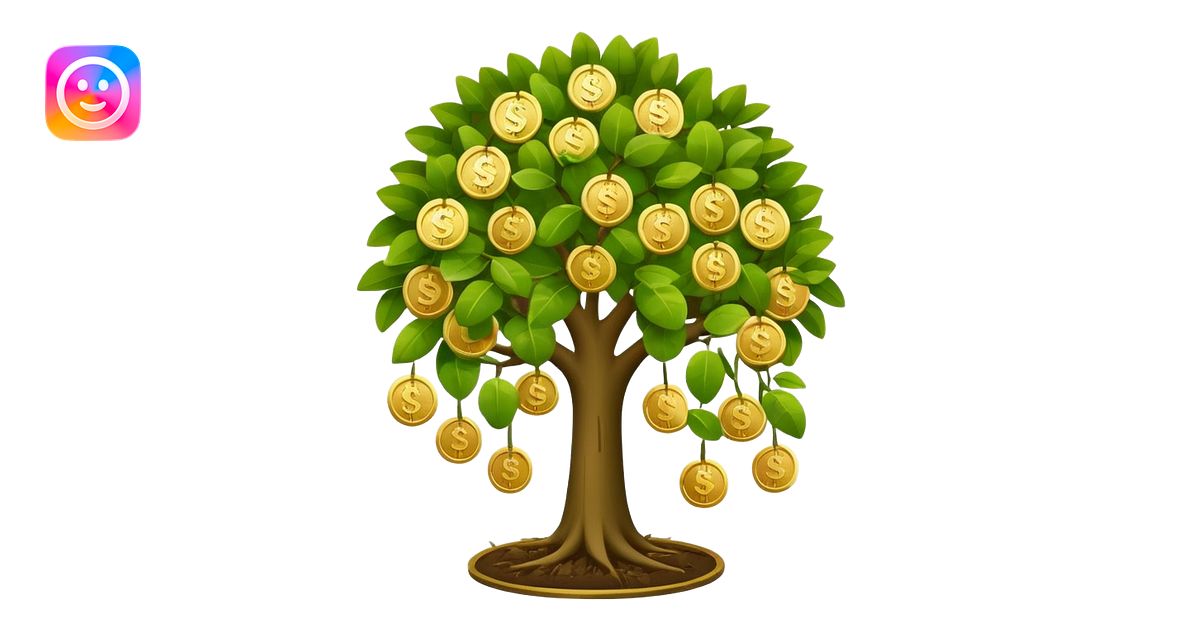 Apple-style money tree (not so mush coins), round soft green canopy. No ...