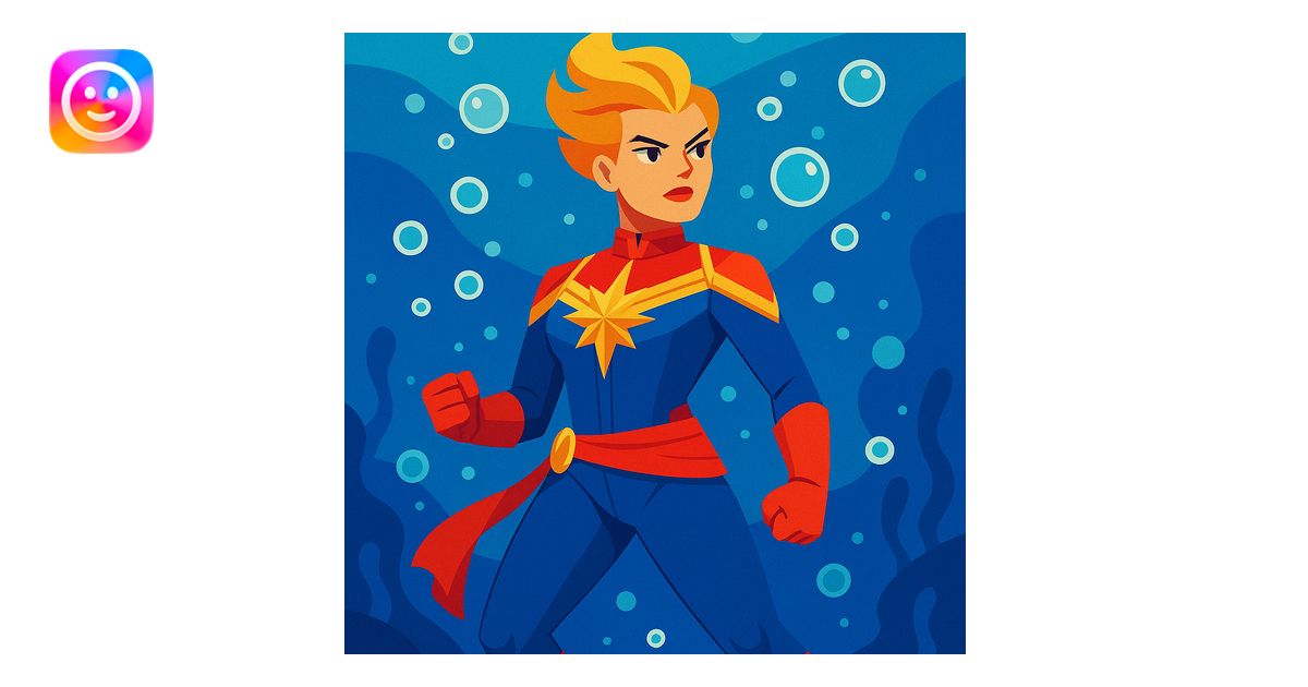Captain Marvel underwater, heroic stance, bubbles, vibrant toon style ...