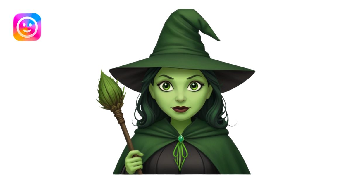 elphaba wicked witch with broom close up, evil dark coily long hair ...