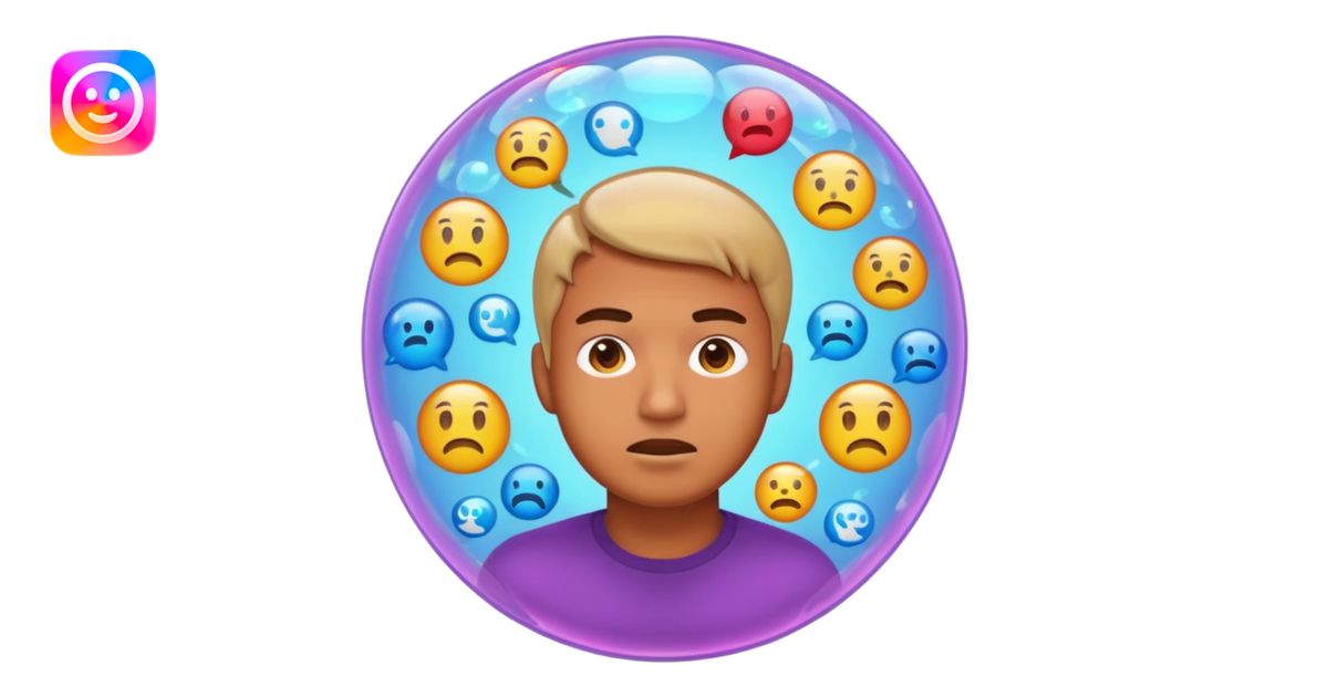 Realistic emoji-style man trapped inside a glowing filter bubble. The ...