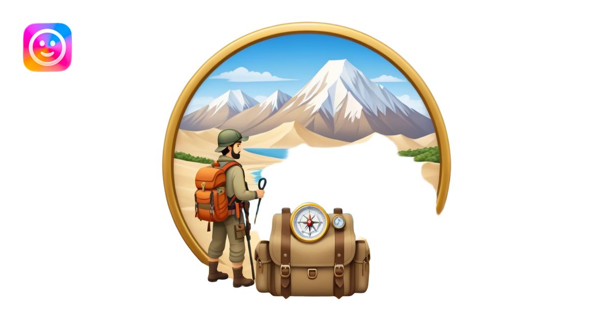 Icon for Expeditions: a compass, a map, a backpack with trekking gear ...