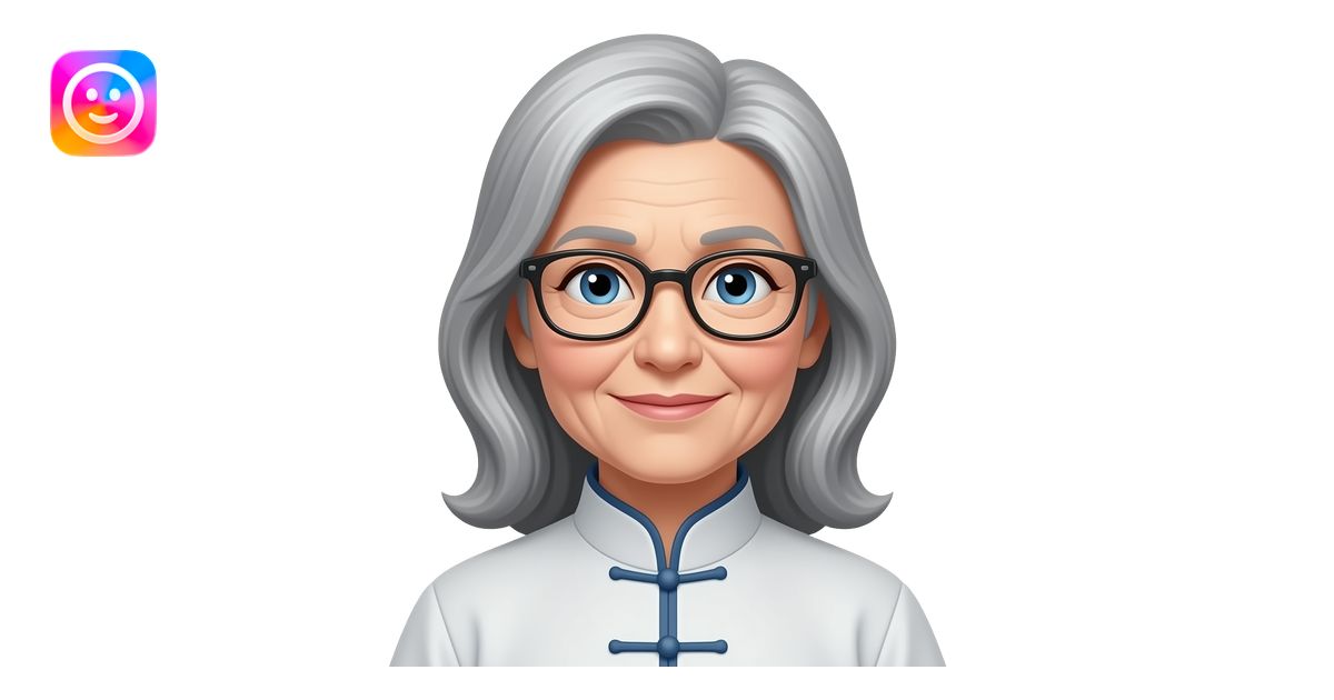 60 years taichi lady medium-long gray hair blue eye and glass emoji ...