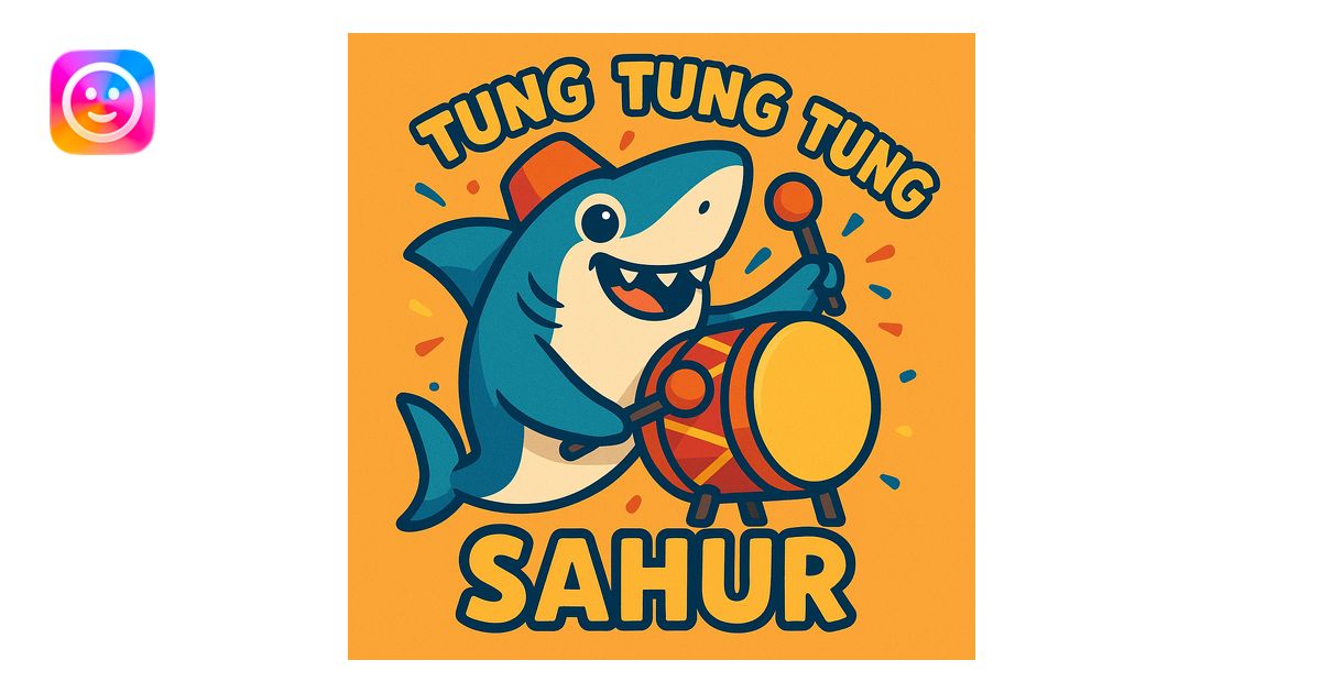 cute shark holding a drum, with 'tung tung tung sahur' text, cheerful ...