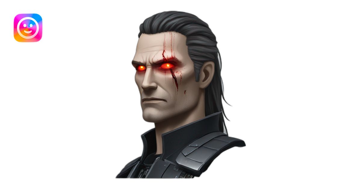 T800 robot witcher long hair red eye emoji | AI Emoji Generator