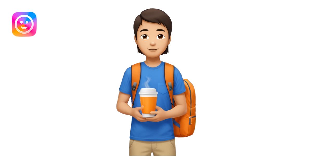 an asian man in blue t-shirt with orange cup of coffee and backpack on ...