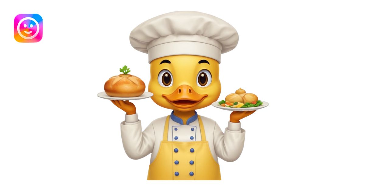 A duck in chef hat presenting a plate of fancy cuisine proudly wearing ...