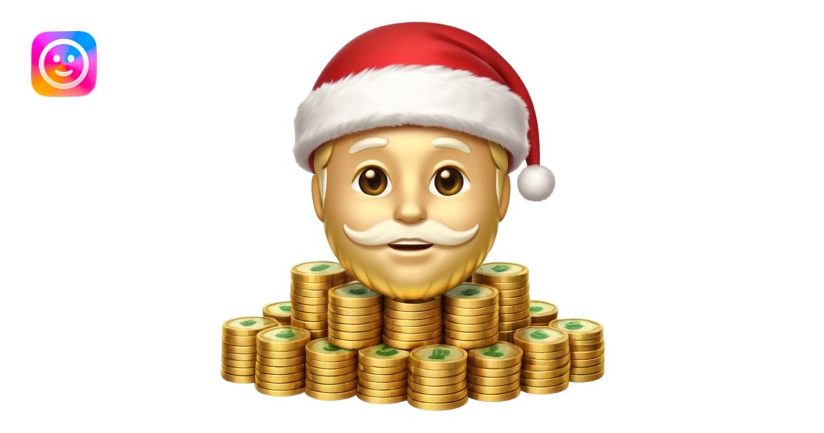 A confident rich emoji face wearing a Santa hat, money stacks, casino ...