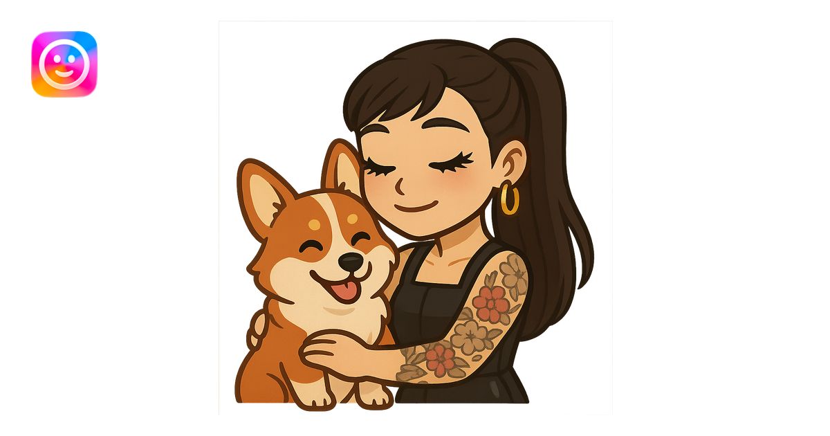 Ghibli-style emoji of an Asian girl with long hair in a ponytail, deep side bangs, black leather ...