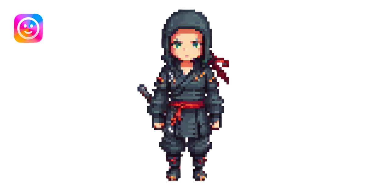 female ninja in a pixel art style, classic stance illustration | AI ...