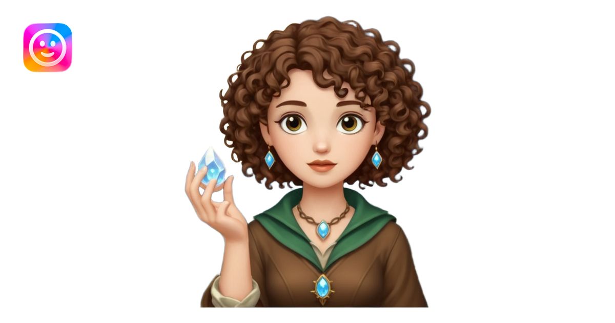 forest rogue woman short tight curly brown hair holding moon crystal ...