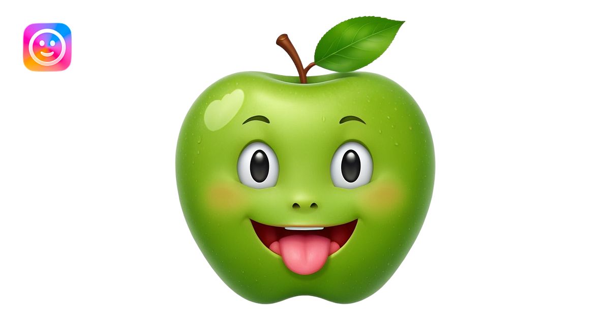 create a happy green apple with a face showing the tongue on IOS style ...
