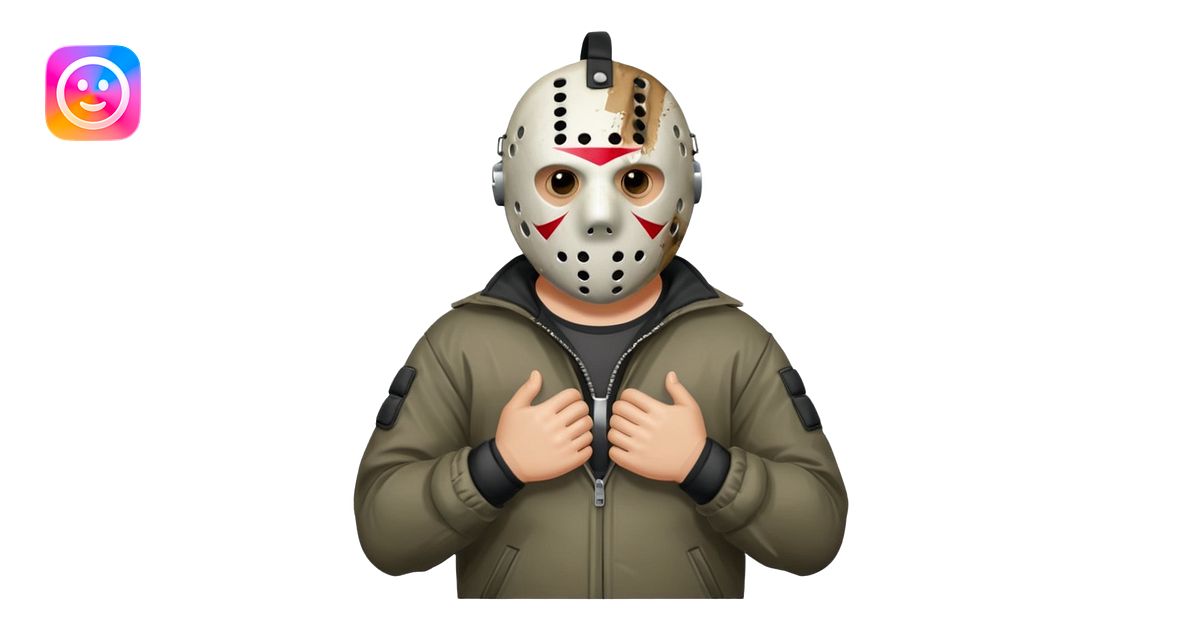 a cartoon image of Jason Voorhees, looking cute, with his hands clasped ...