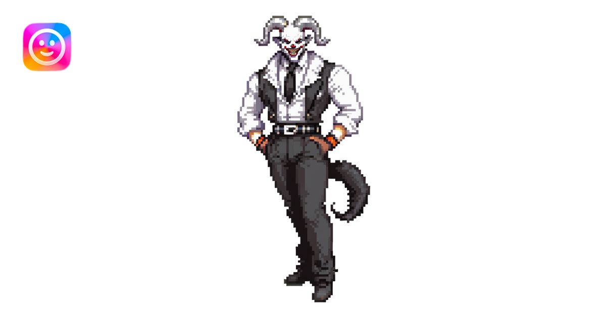 full-body muscular demonic clown in black and white leisure suit with ...