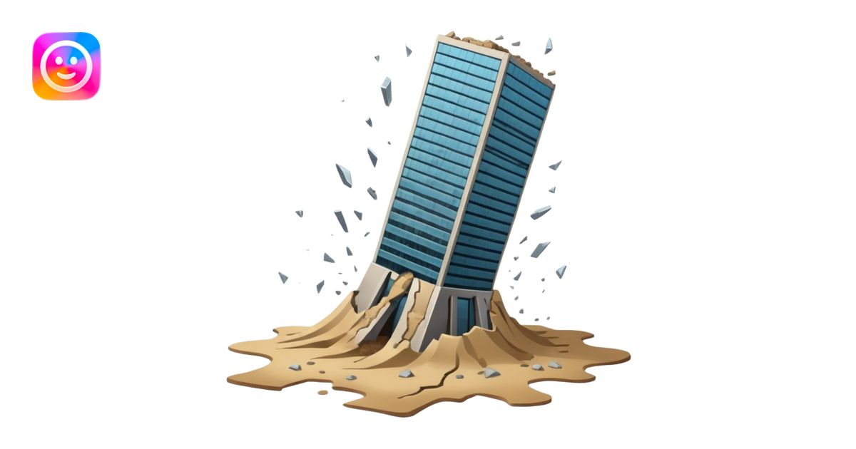 A skyscraper collapsing on quicksand, with floors breaking apart and ...