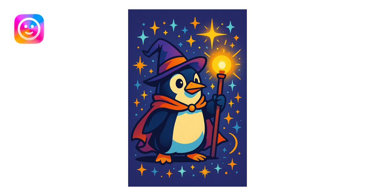 stylized penguin wizard with a glowing staff, surrounded by sparkles ...