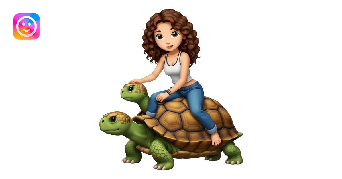 ccute woman long curly brown hair tattoos riding big tortoise emoji ...