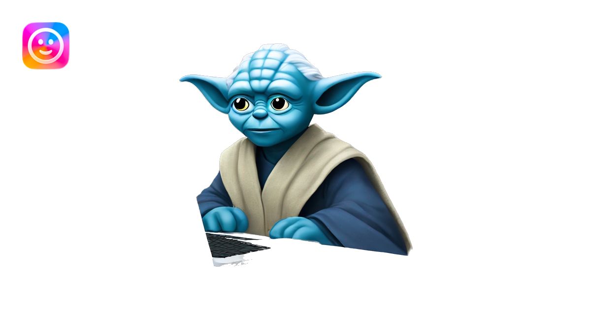 Blue yoda sitting very happy at laptop emoji | AI Emoji Generator