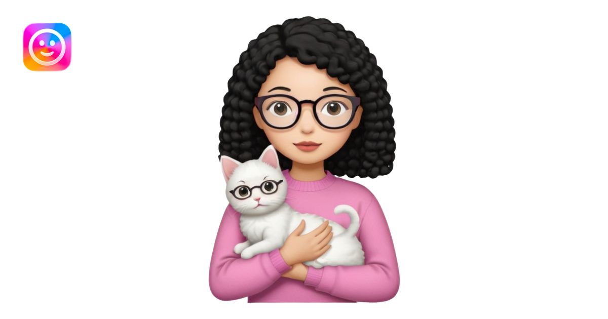 a girl with a black perm hair, wearing a pink sweater and glasses ...