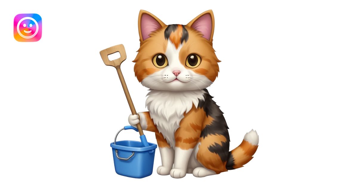A very cute cat holding a toilet shovel, a litter box beside it emoji ...