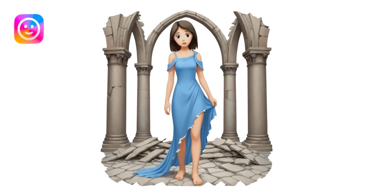 Female figure standing barefoot in ruined cathedral, dress slipping ...