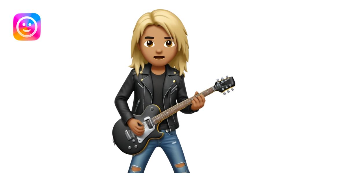 3D Apple-style emoji of a metal musician. Long hair, black leather ...