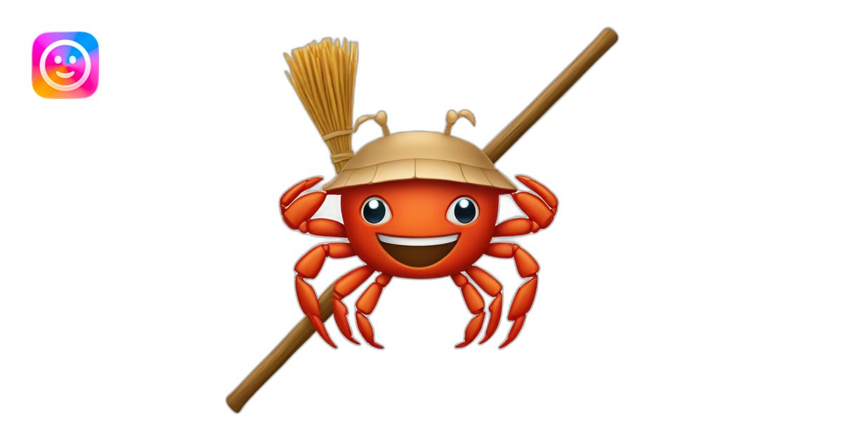 mascot crab Ferris with broomstick emoji | AI Emoji Generator