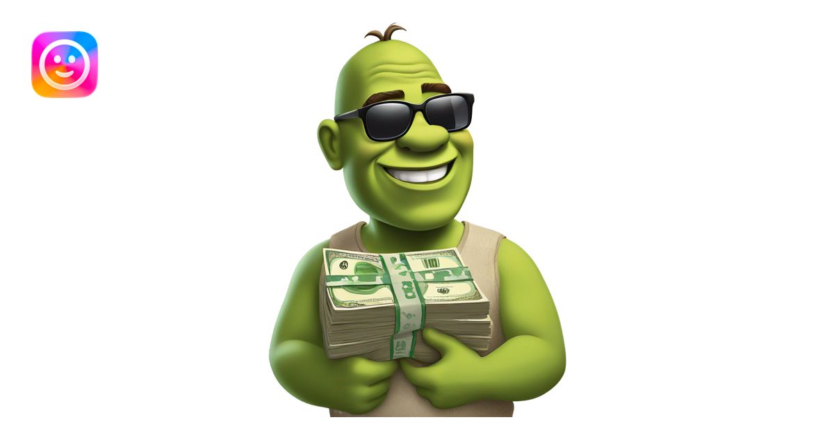 Shrek wearing sunglasses while counting money emoji | AI Emoji Generator