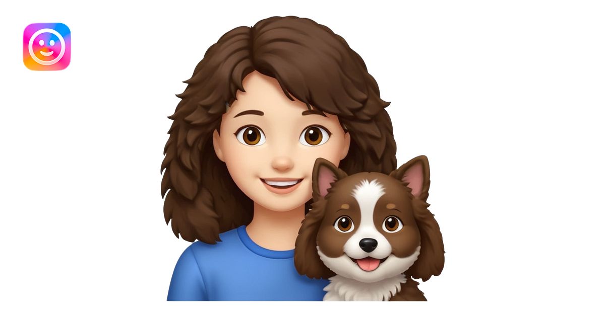 Fluffy dog with a cute little brunette girl emoji | AI Emoji Generator