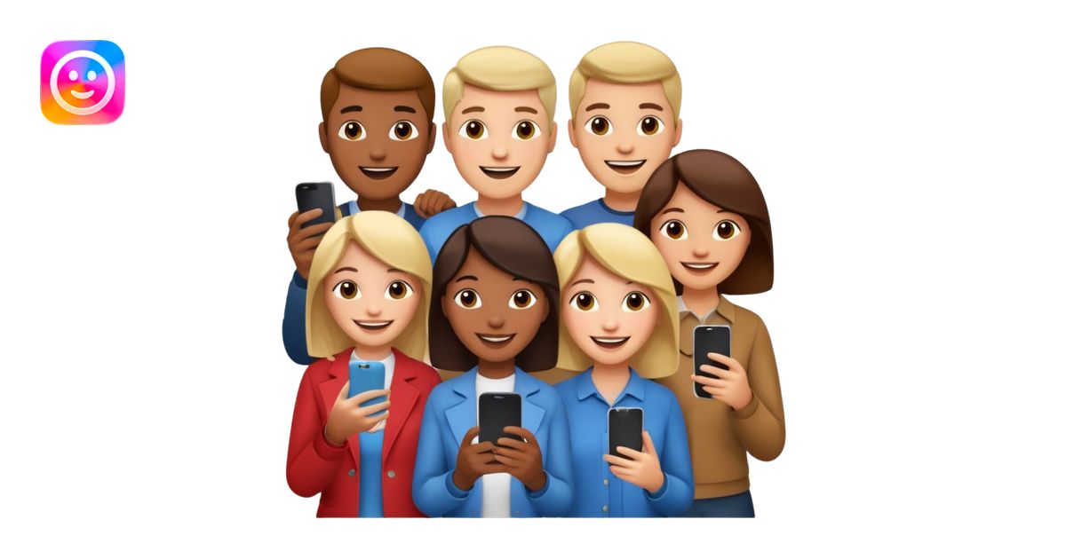 a crowd of people with happy faces and holding phone emoji | AI Emoji ...