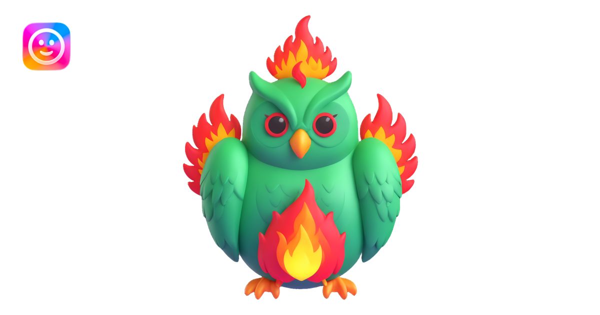 Duolingo green owl mascot with fire flames emoji | AI Emoji Generator
