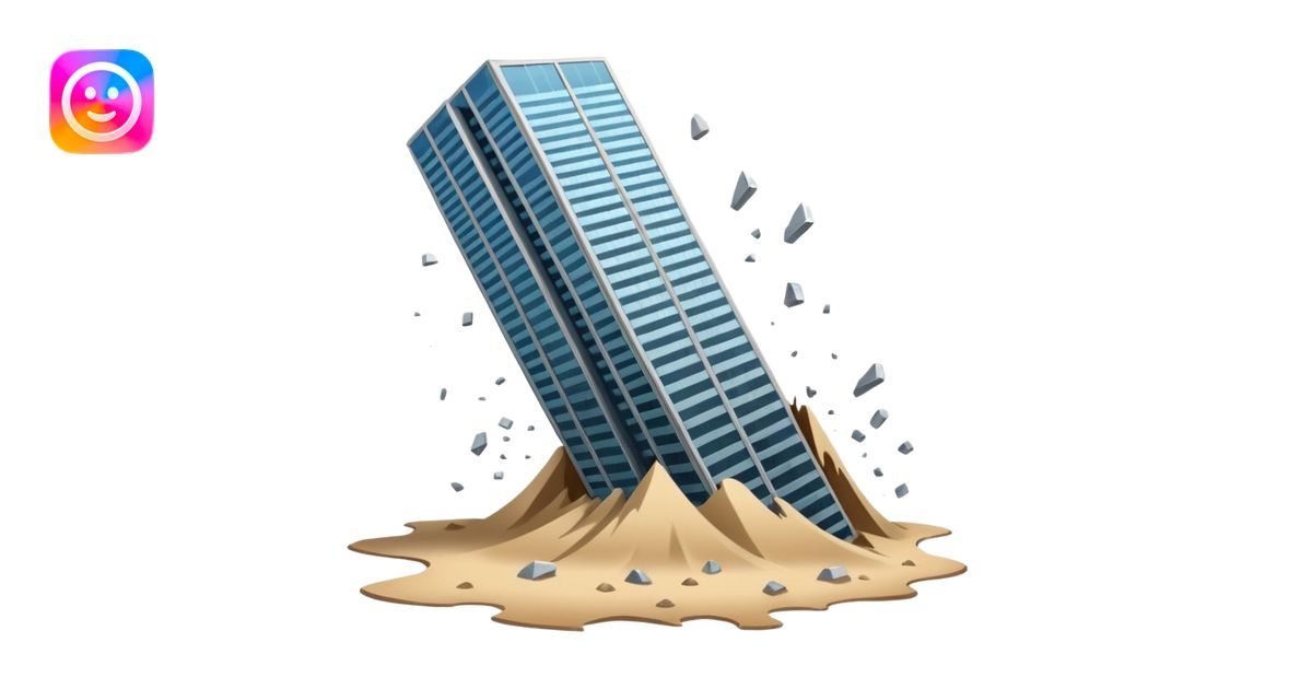 A skyscraper collapsing on quicksand, with floors breaking apart and ...
