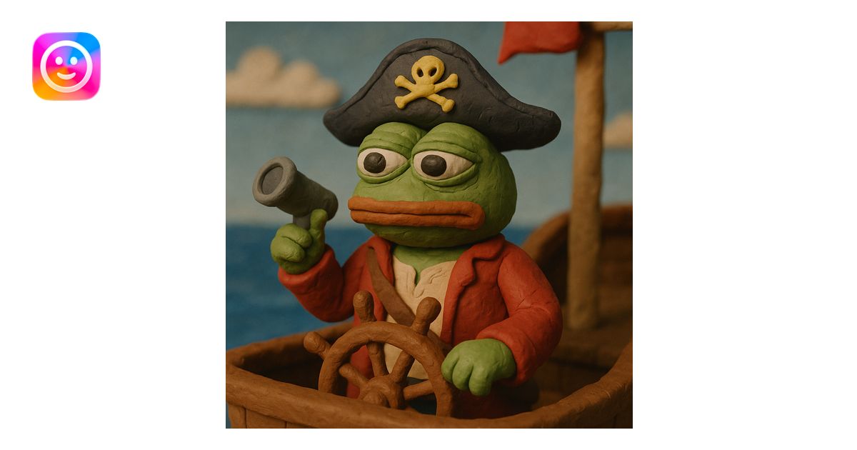 Pepe the Frog as a pirate captain on a ship, claymation style, ocean ...