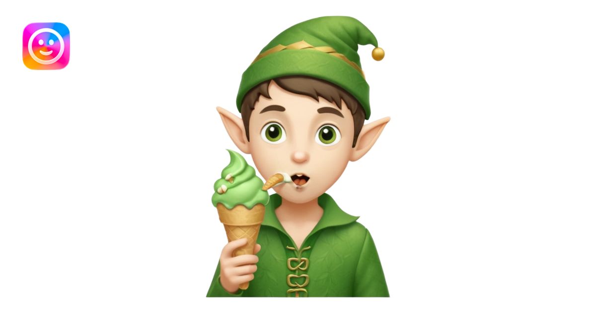 A young elf boy in leafy clothes licking a triple-scoop ice cream with ...