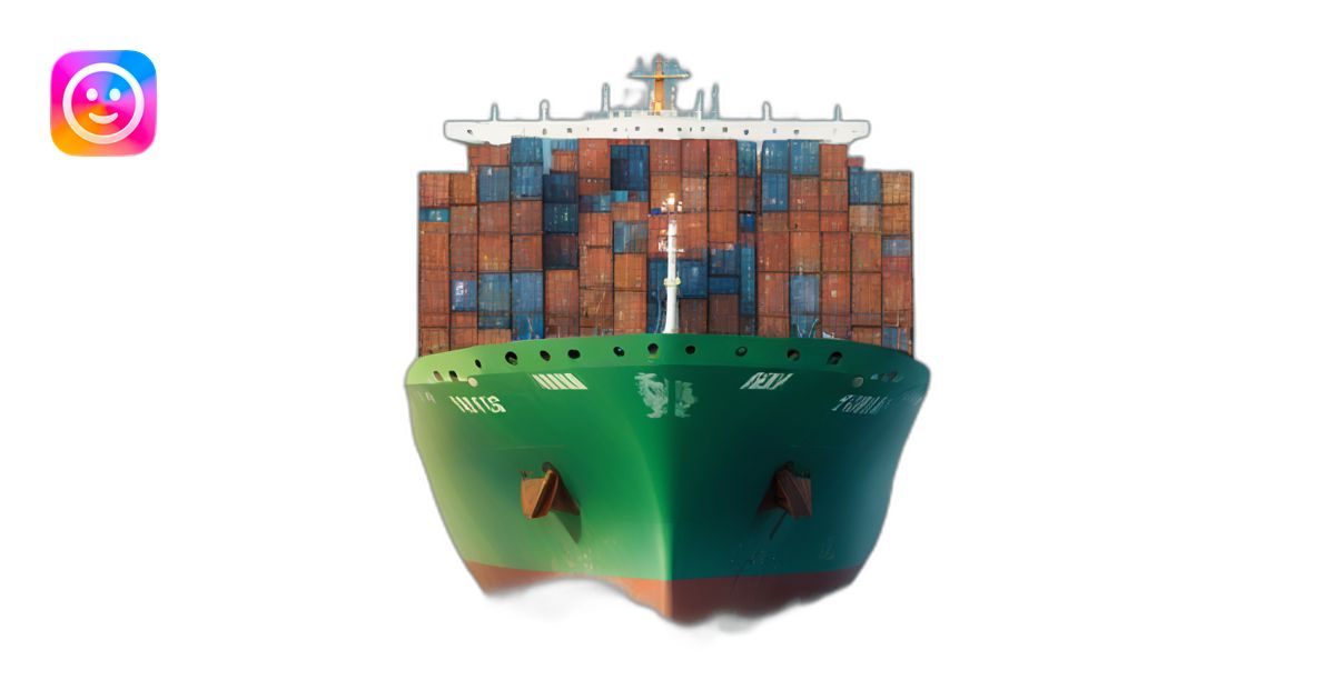 container ship from the front, breaking the waves, leaning to the right ...