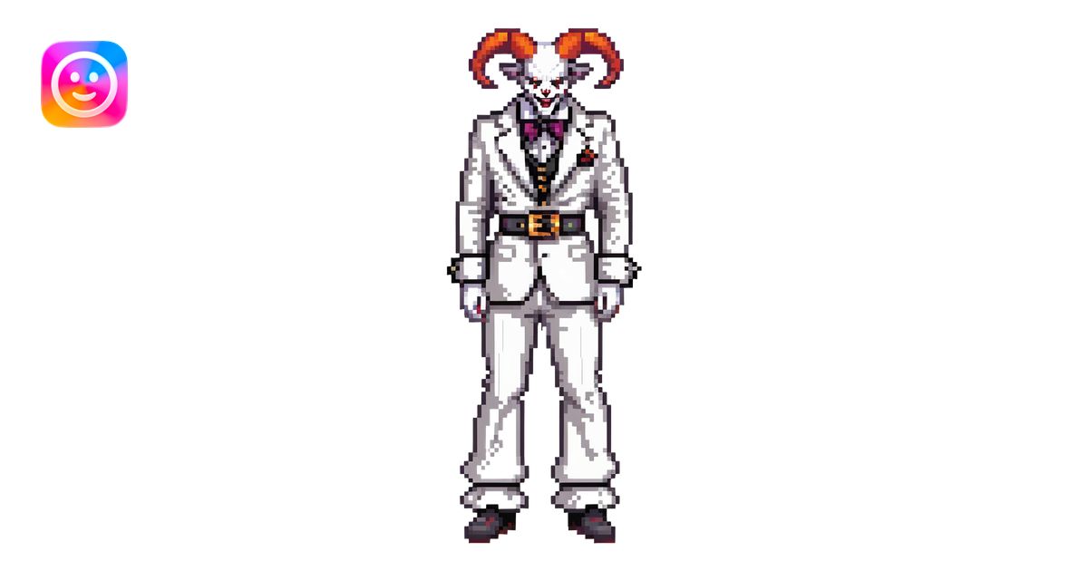 full-body demonic clown in black and white leisure suit with bellbottom ...
