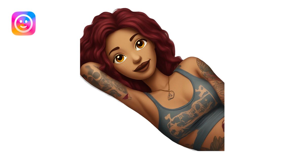 Beautiful tattooed burgundy long haired woman laying on the bed emoji ...