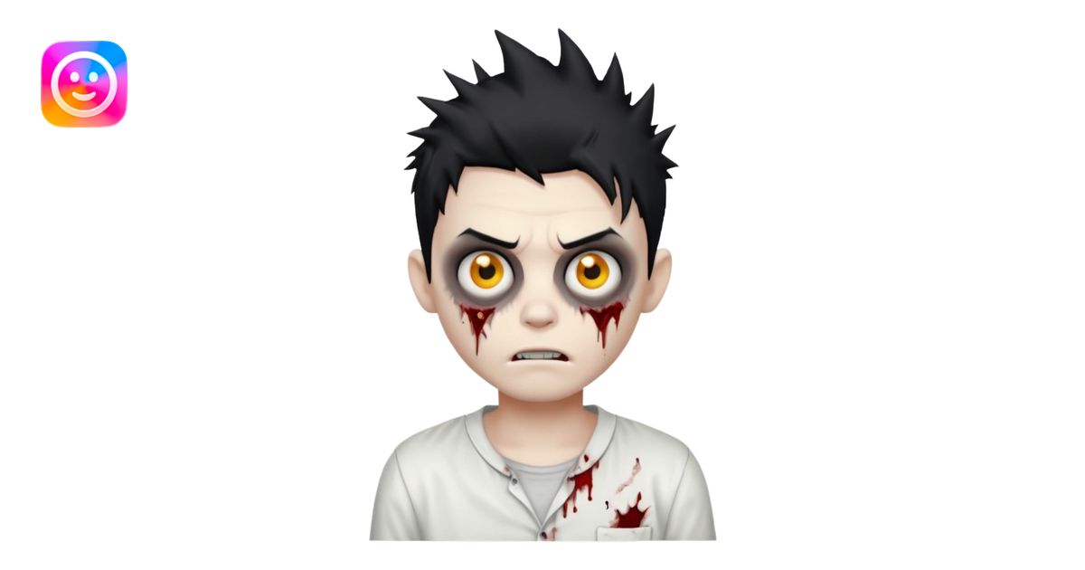 zombie boy with messy spiky black hair, white shirt, cartoonish emoji ...